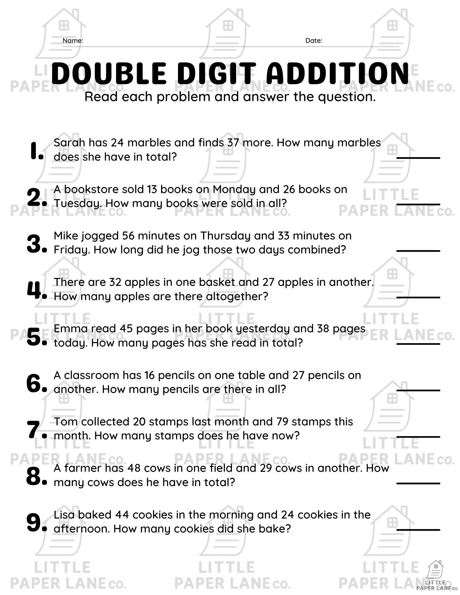 Double Digit Addition Worksheets: Math Word Problems, Matching (digital ...