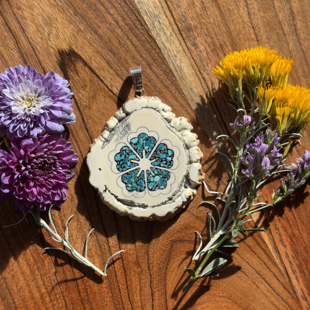 Elk Antler Pendant: Turquoise Inlay Flower, Sterling Silver Bail - Etsy