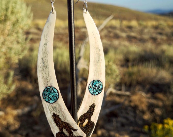 Midnight Hunter Elk Antler Earrings – Turquoise Inlay With a Burned ...