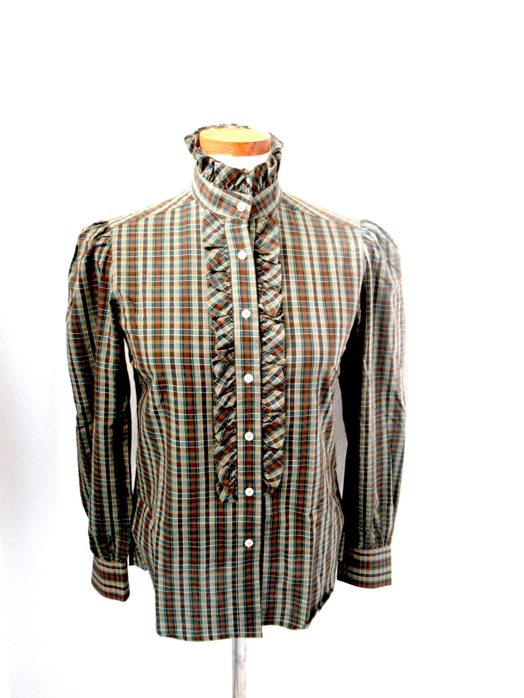 Vintage Victorian Style High Neck Ruffled Front Blouse, Modest Plaid ...