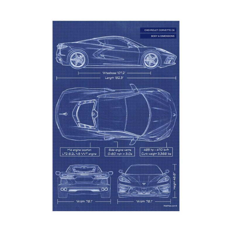 Corvette C8 Blueprint Poster, Sports Car Garage Art, Matte Print - Etsy