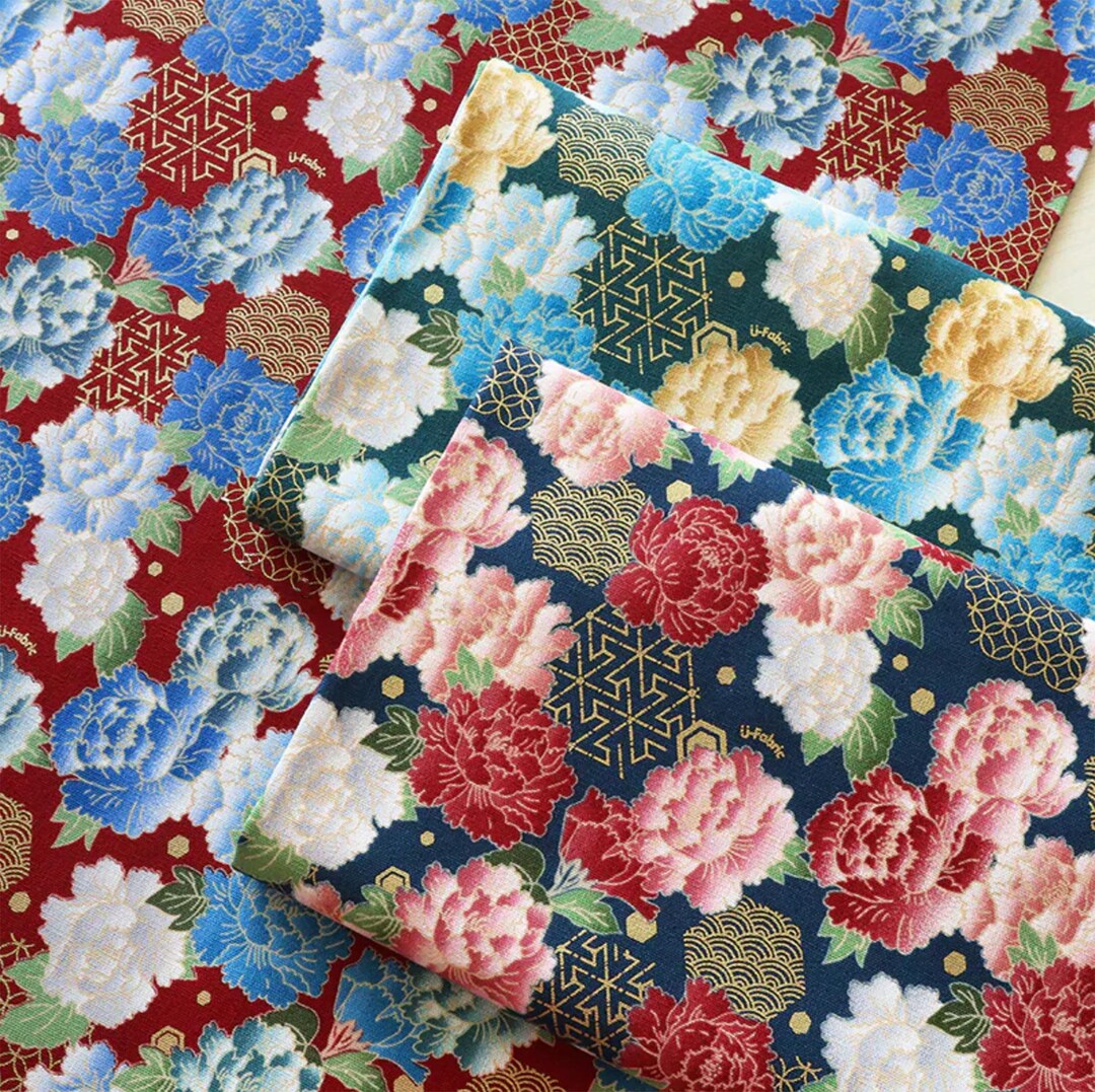 Japanese Peony and Wagara Cotton Fabric - Traditional Floral Pattern ...