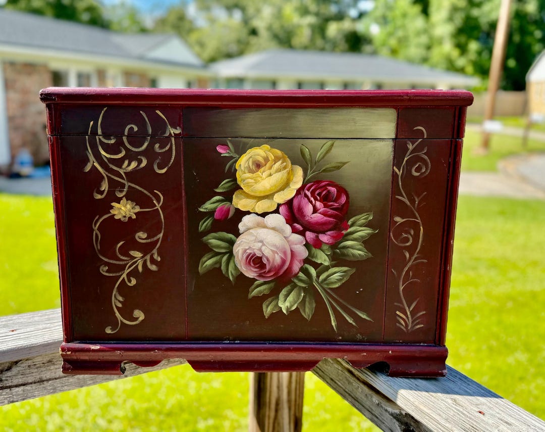 Vintage Tole Painted Hope Chest: Burgundy Floral Folk Art Storage Trunk ...