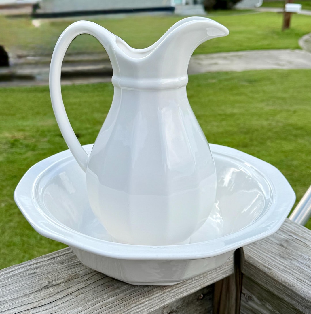 Vintage Pfaltzgraff Pitcher and Bowl Set: Heritage White Farmhouse ...