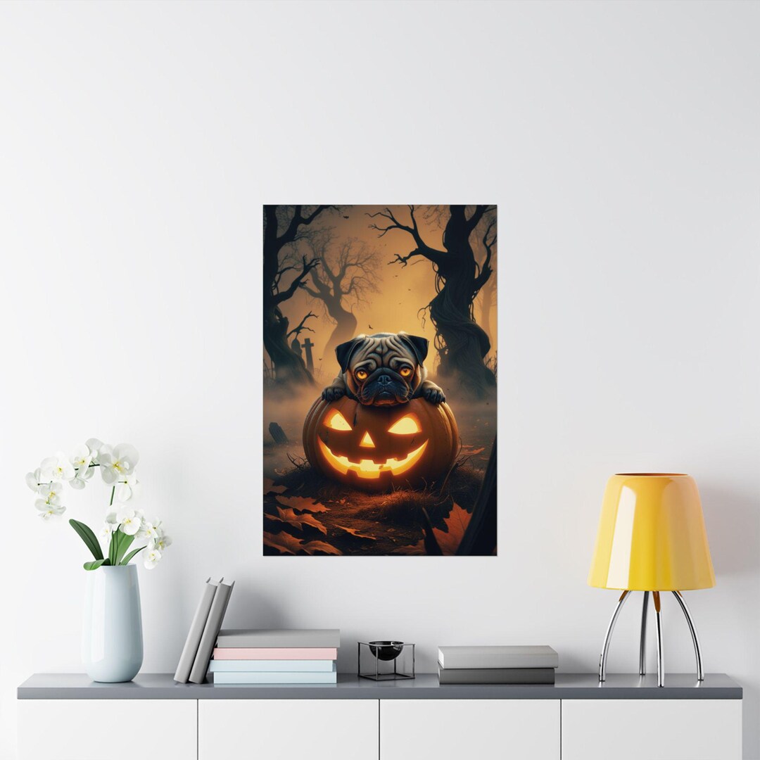 Spooky Halloween Pug Poster - Creepy Possessed Evil Pug in a Carved ...