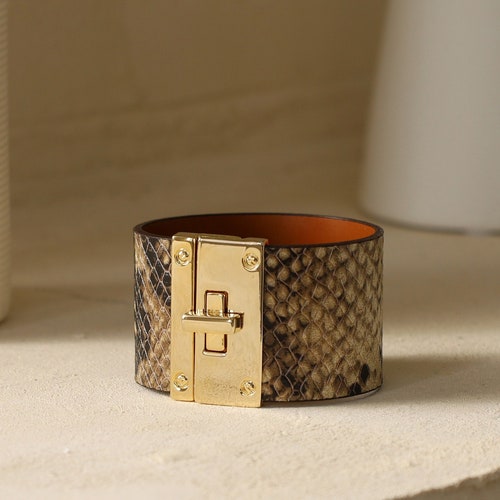 Python Pattern Wide Leather Cuff for Women brown and Ivory - Etsy