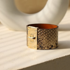 Python Pattern Wide Leather Cuff for Women (brown and Ivory), Italian ...