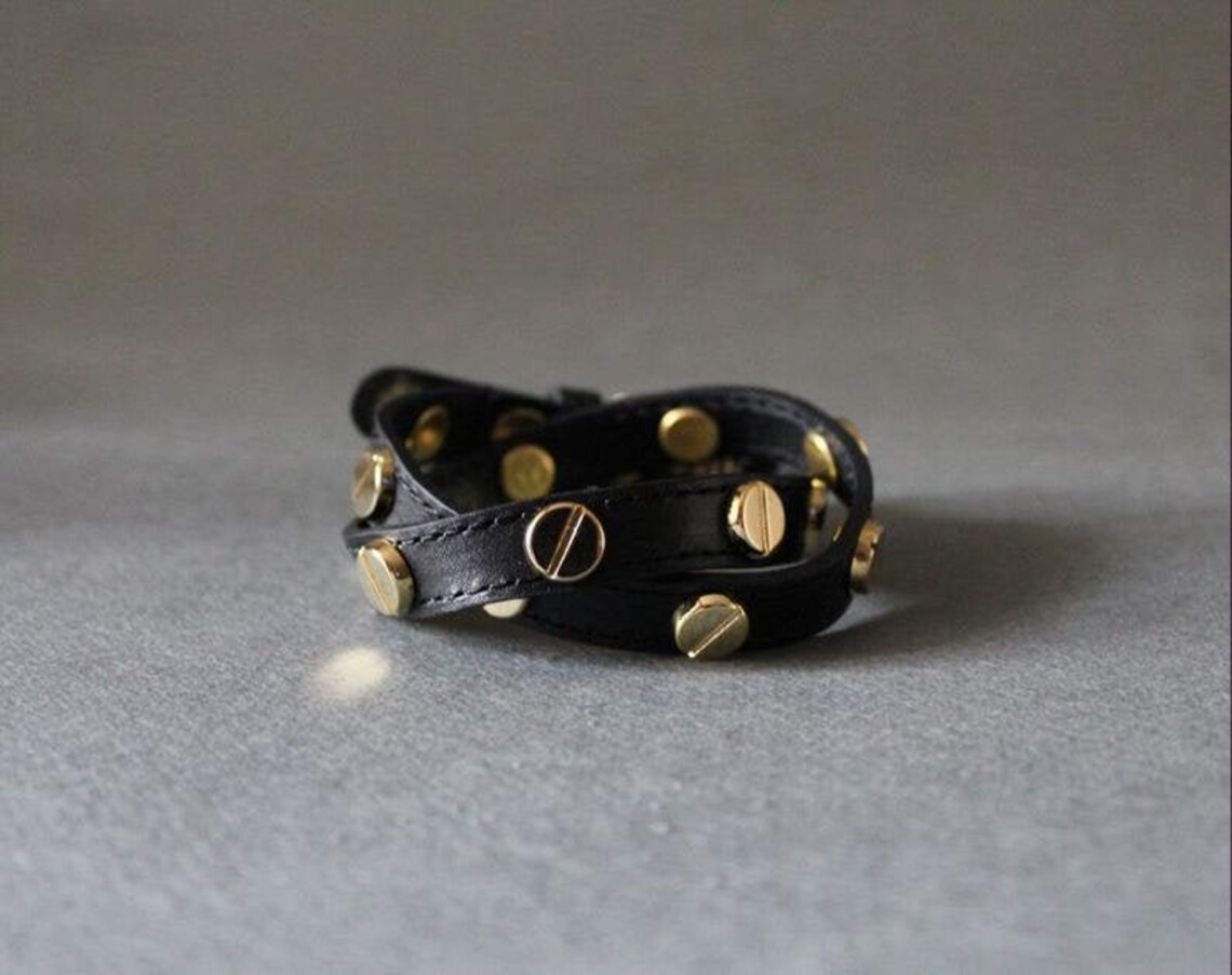 Screw Stud Ornament Leather Bracelet Double Wrap Bracelet for | Etsy