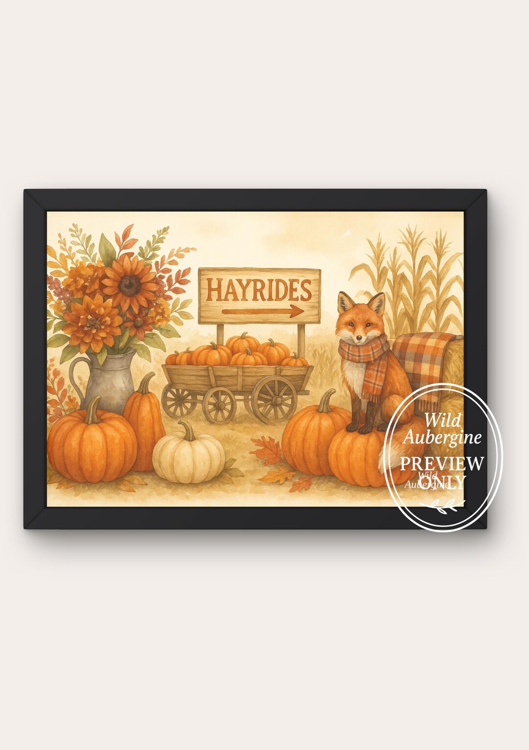 Rustic Fall Hayride Scene: Fox, Pumpkin Cart, Autumn Leaves (digital ...