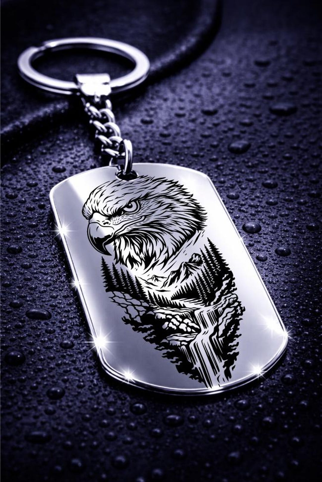 Eagle Keychain – Engraved Metal | Nature Motif: Forest and Mountains ...