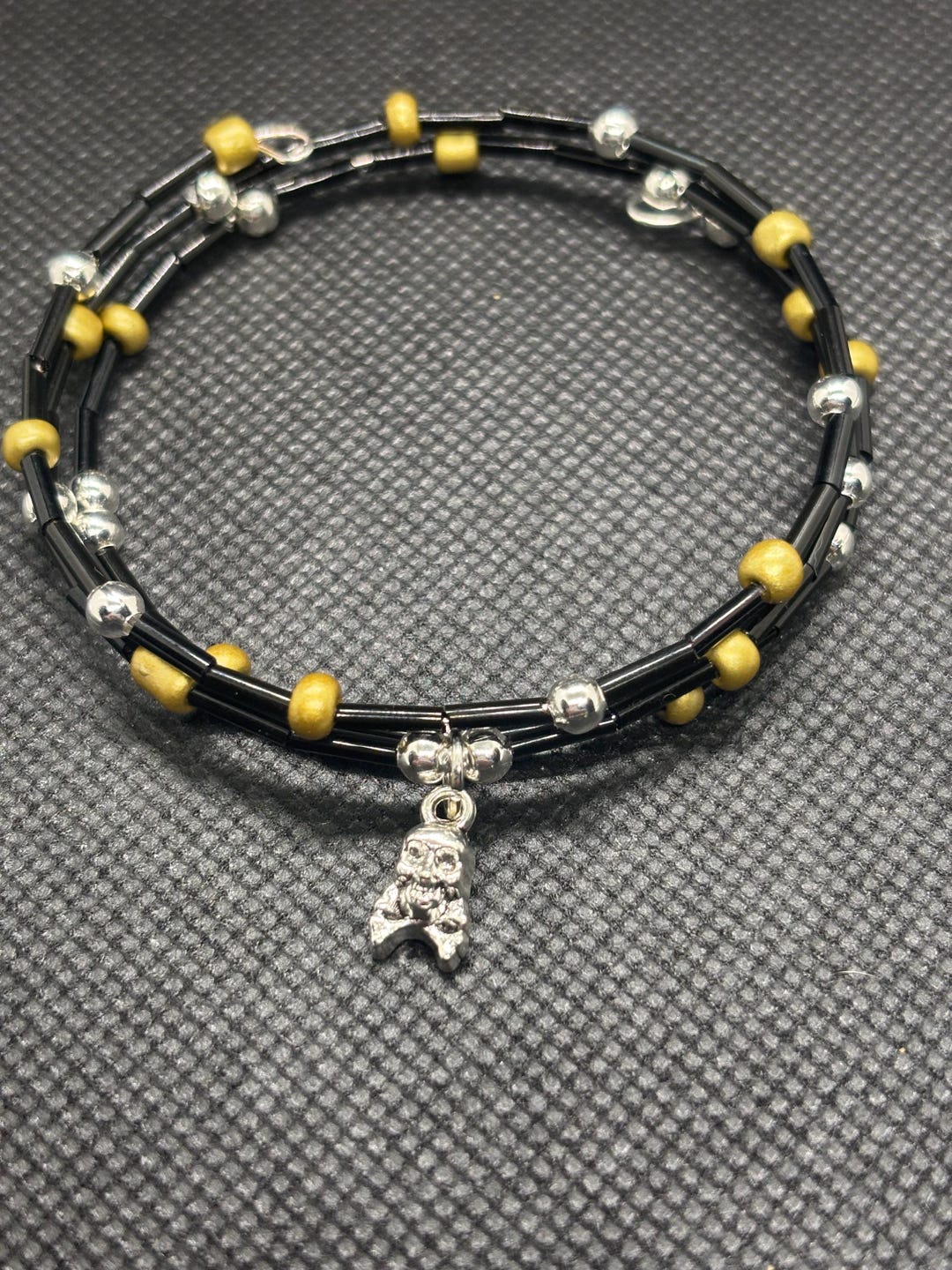Gold and Black Skull Bat Wing Wrap Bracelet - Edgy Beaded Coil Bangle ...