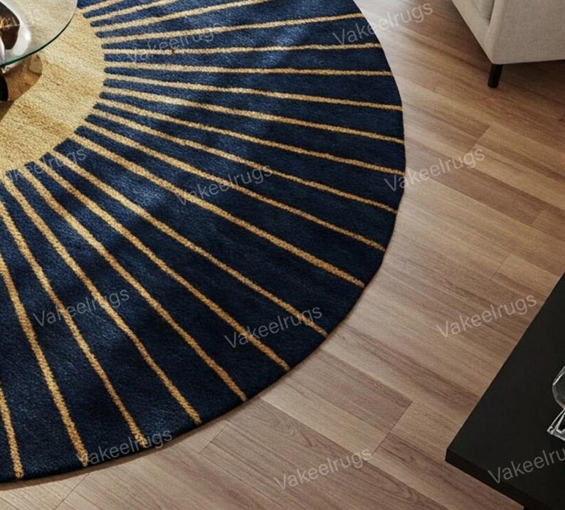 Hand-tufted Wool Sunburst Rug: Navy & Gold Modern Area Rug - Etsy