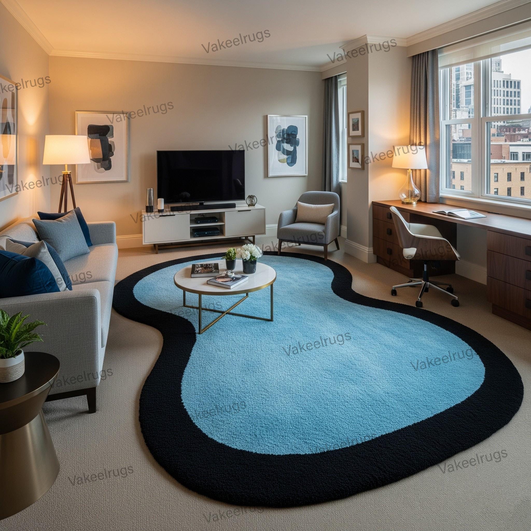 Hand-tufted Wool Abstract Rug: Sky Blue & Black Wavy Design - Etsy