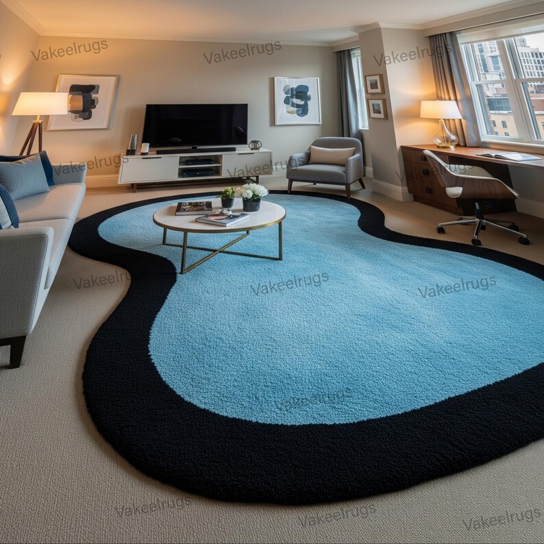 Hand-tufted Wool Abstract Rug: Sky Blue & Black Wavy Design - Etsy