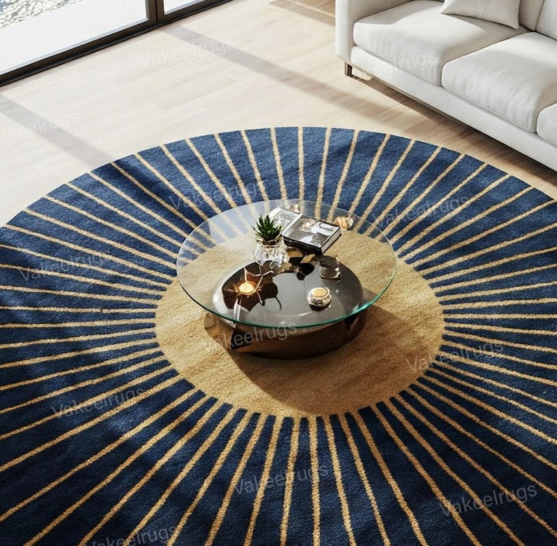 Hand-tufted Wool Sunburst Rug: Navy & Gold Modern Area Rug - Etsy