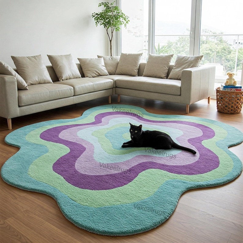 Handmade Large Wavy Retro Colorful Rug – Modern Abstract Flower Shape ...