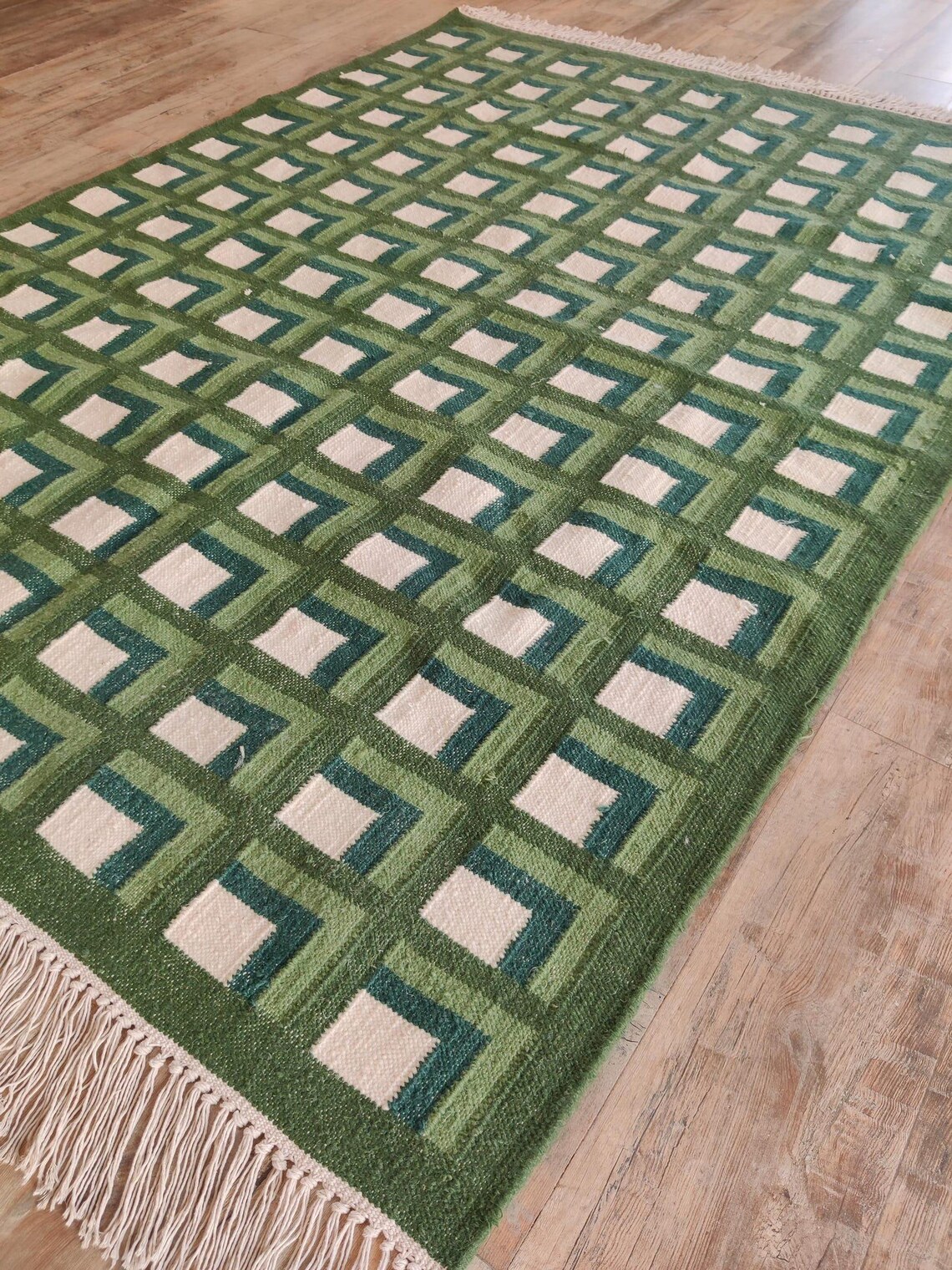 Green Checkered Wool Rug: Scandinavian Kilim, Handwoven Flatweave (8x10 ...