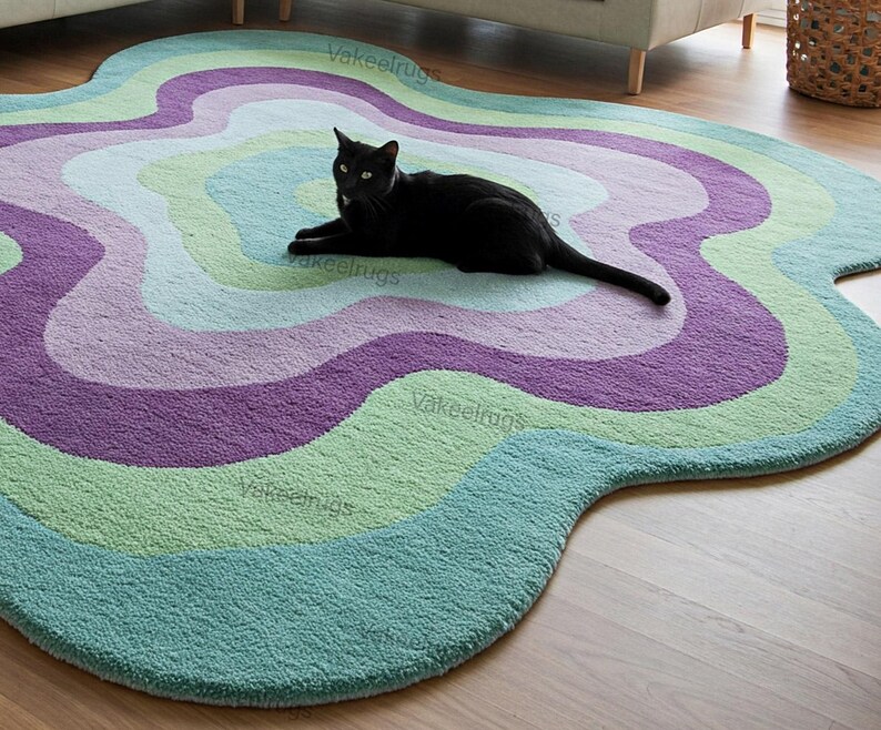 Handmade Large Wavy Retro Colorful Rug – Modern Abstract Flower Shape ...