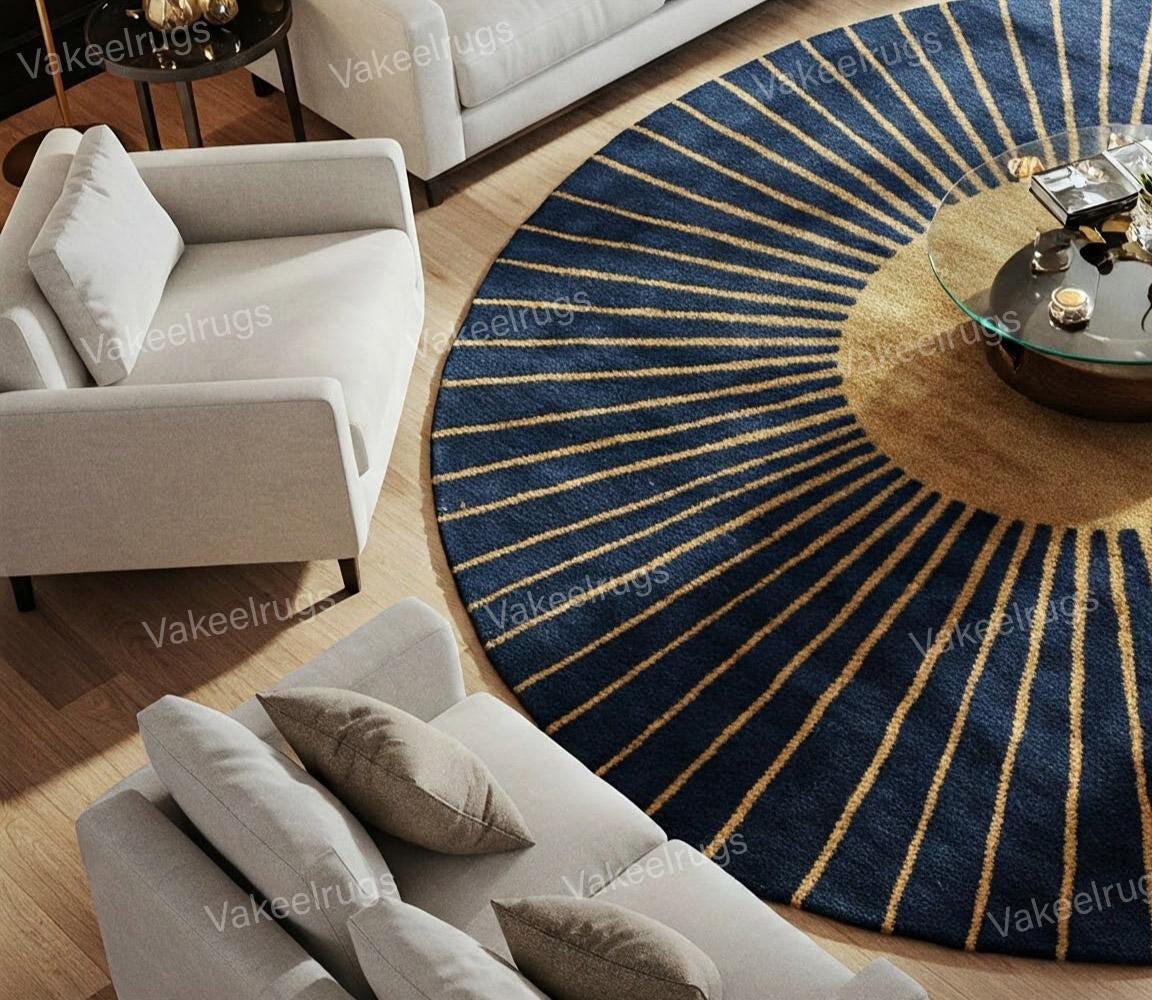 Hand-tufted Wool Sunburst Rug: Navy & Gold Modern Area Rug - Etsy