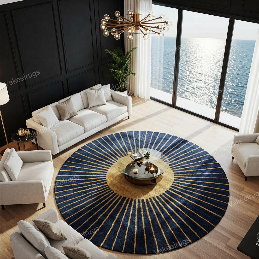 Hand-tufted Wool Sunburst Rug: Navy and Gold Modern Area Rug Use the ...