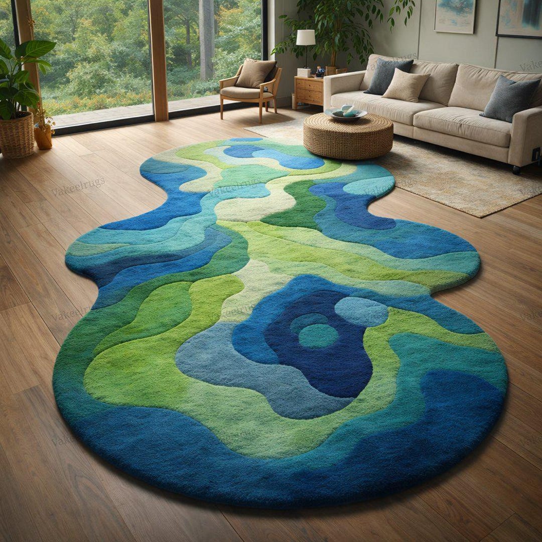Modern Tufted Rug 9×12 - Soft Green Carpet With Abstract Bolb Pattern ...
