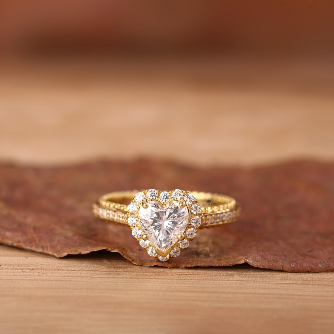Milgrain Edges Wedding Ring, Halo Solitaire With Accent Ring, 1.00 CT ...