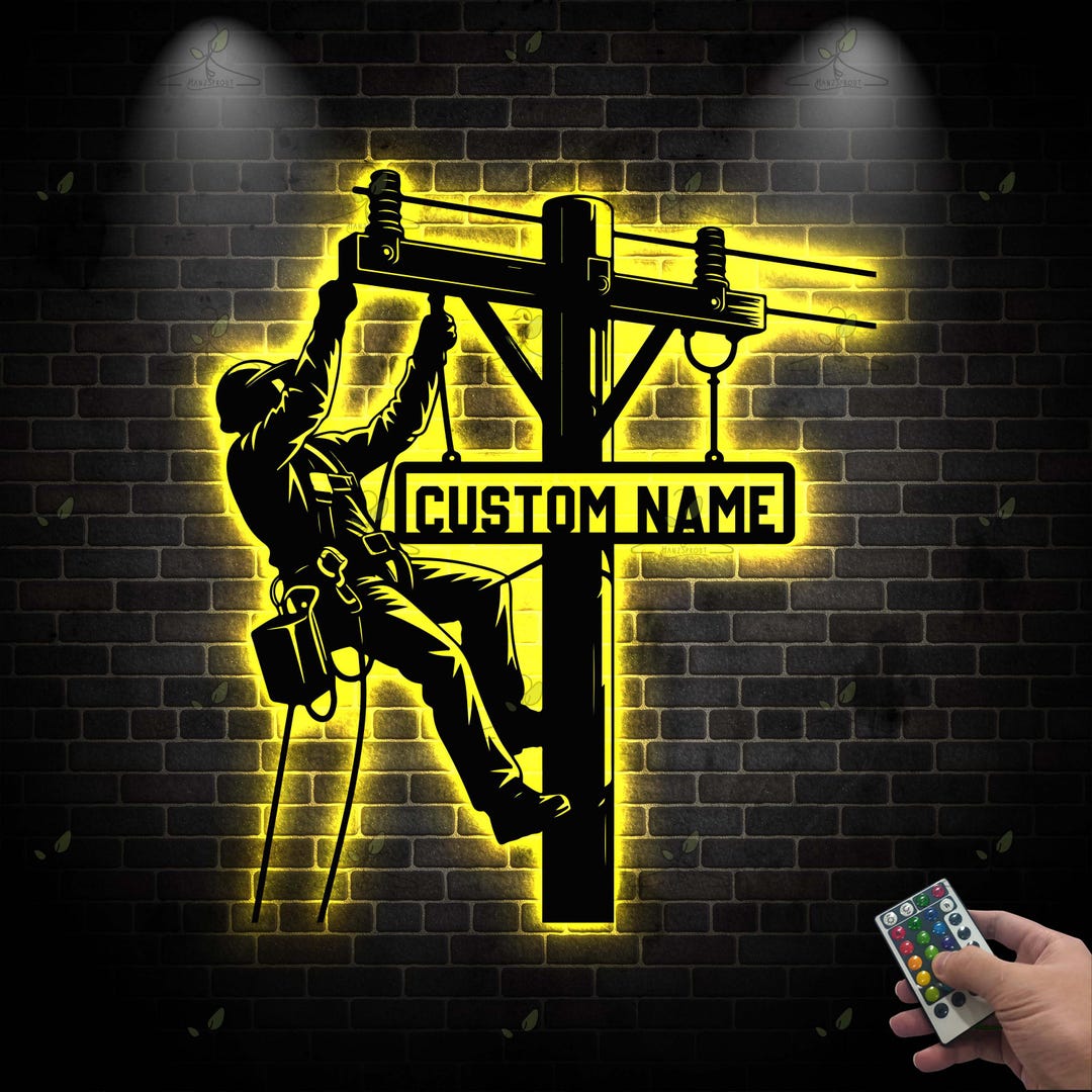 Personalized Lineman LED Sign, Custom Name Metal Wall Art, Electrician ...