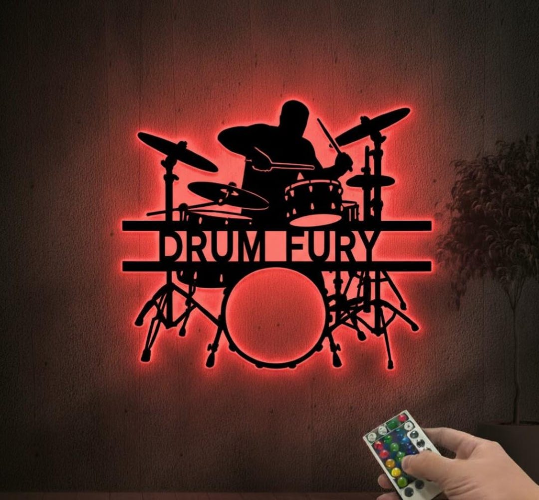 Personalized Drummer LED Sign, Custom Drum Set Wall Decor, Music Studio ...