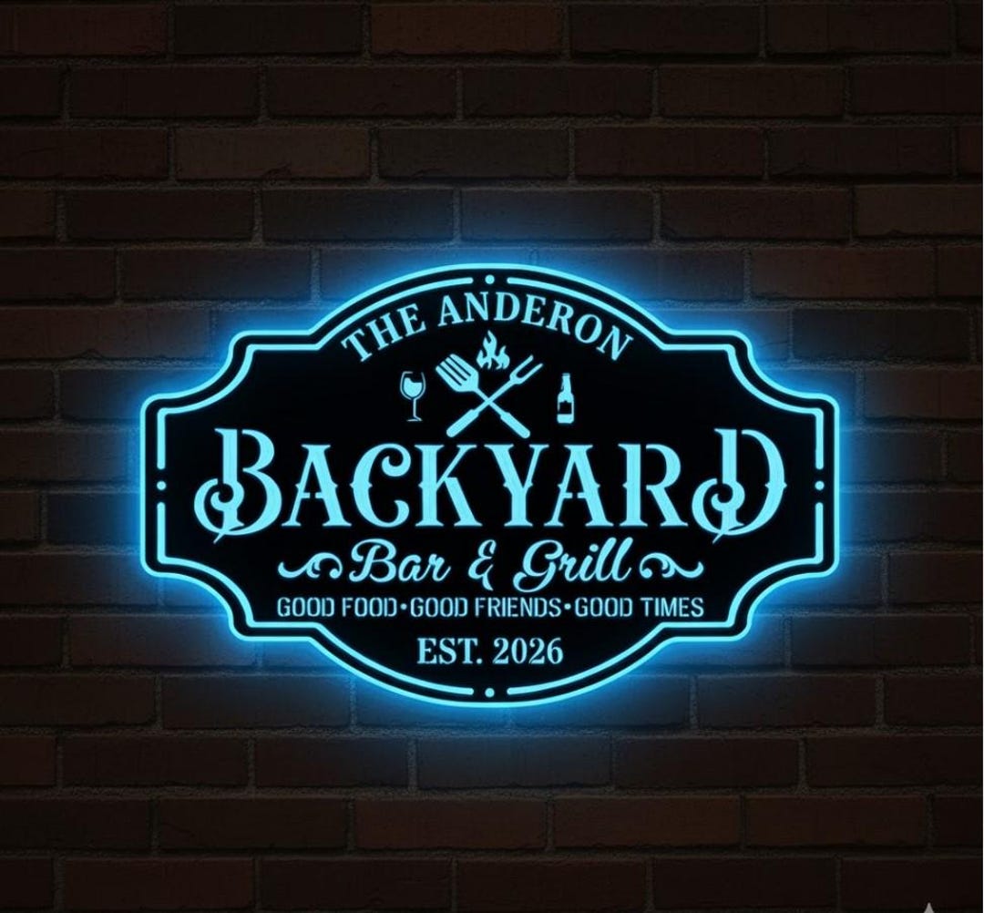 Personalized Backyard Bar & Grill Sign, Custom Name LED Metal Art ...