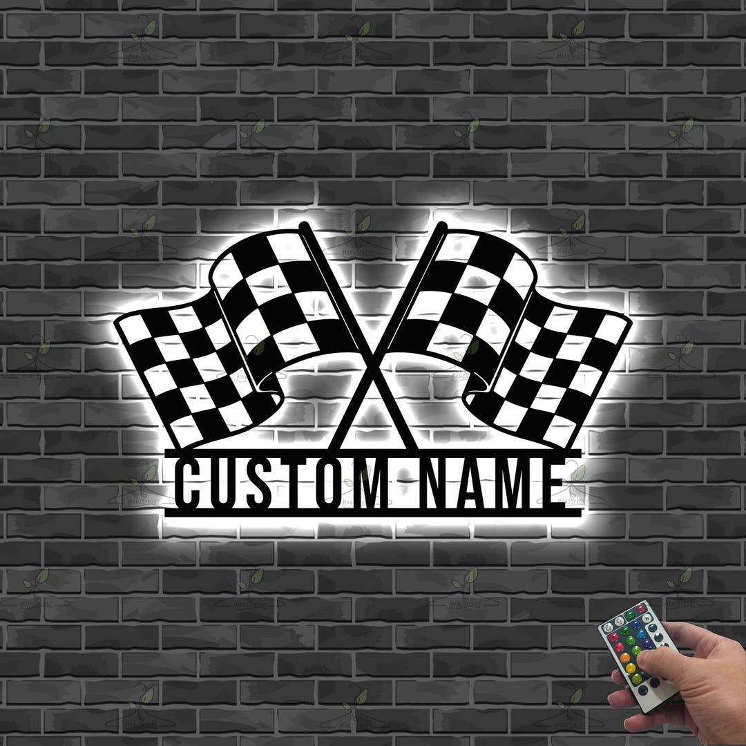 Personalized Checkered Flag Metal Sign LED Light, custom Name Race Car ...