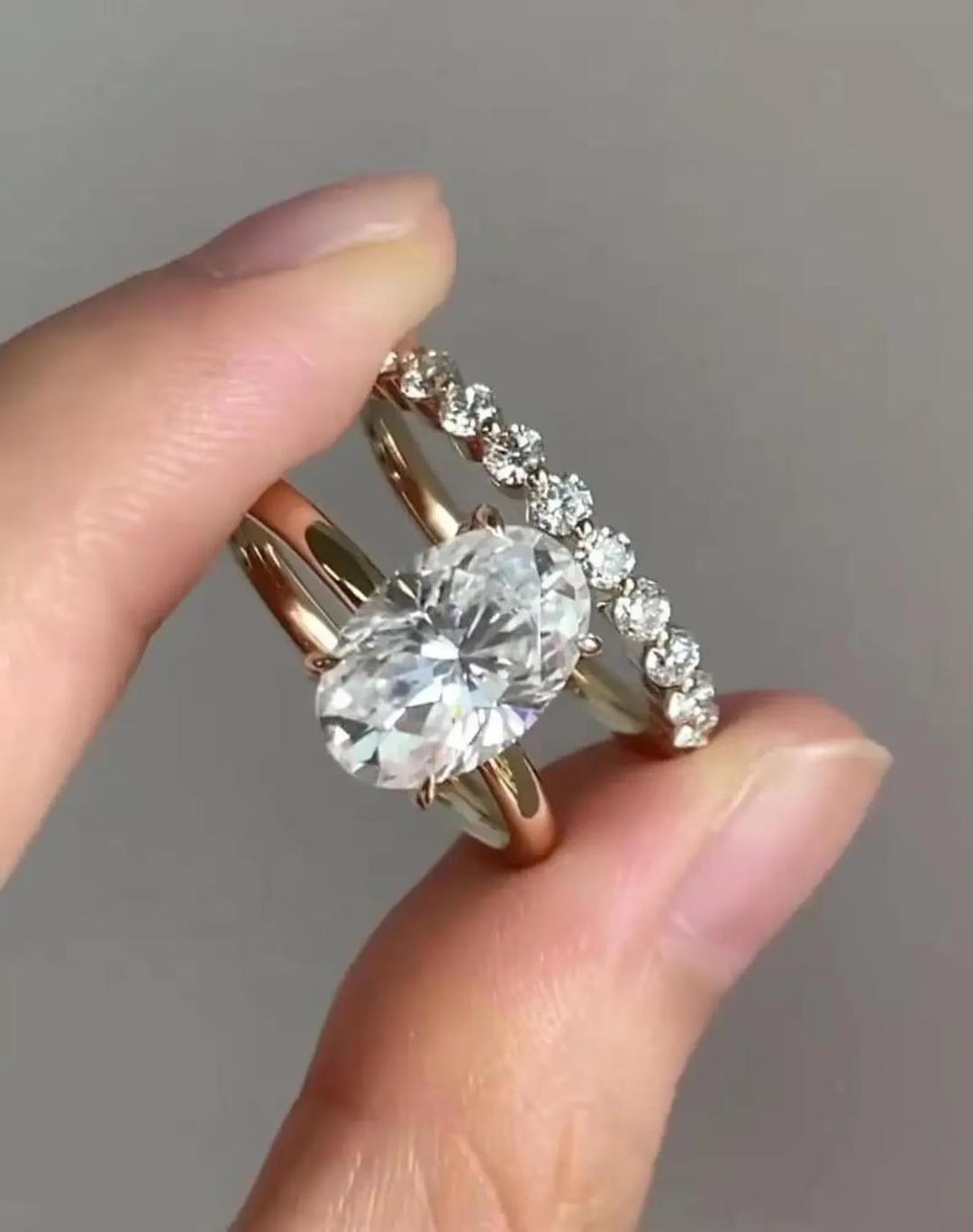 3.5 CT Oval Moissanite Engagement Ring Set, Yellow Gold Wedding Band ...