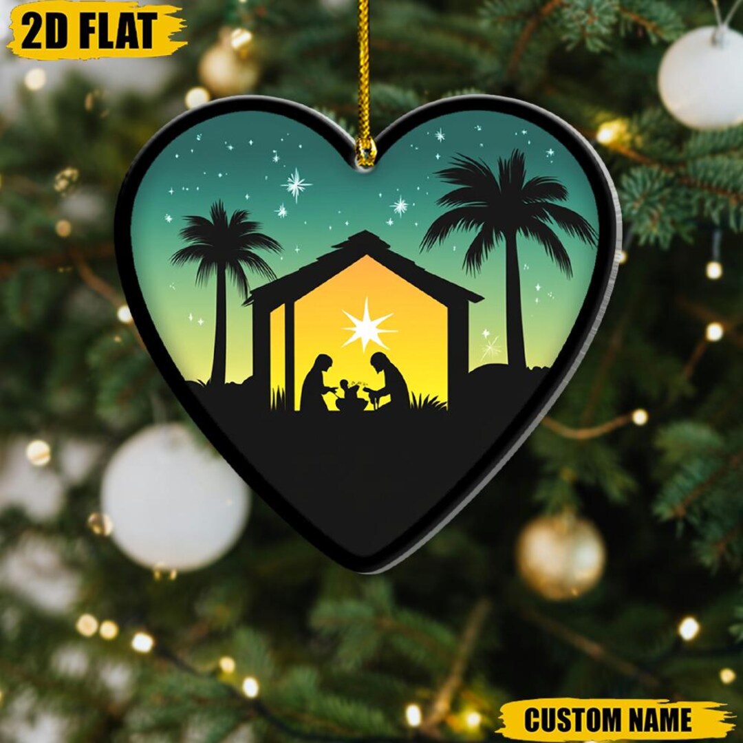 Personalized Tropical Nativity Heart Ornament, Custom Name Holy Family ...