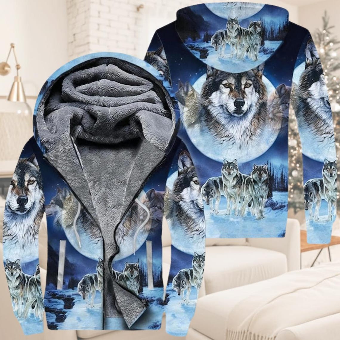 Wolf Pack Full Moon Fleece Lined Zip up Hoodie, Winter Forest Animal ...