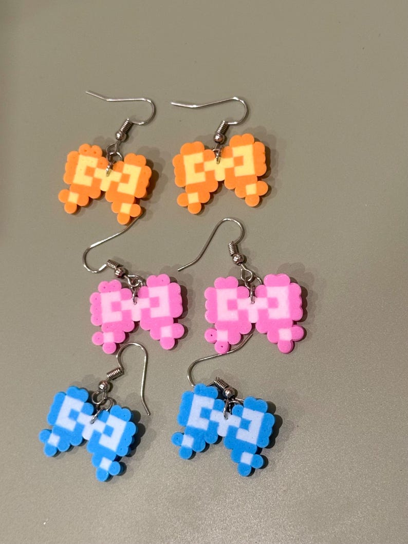Pixel Bow Earrings – Handmade Perler Bead Jewelry in Pink, Blue, and ...