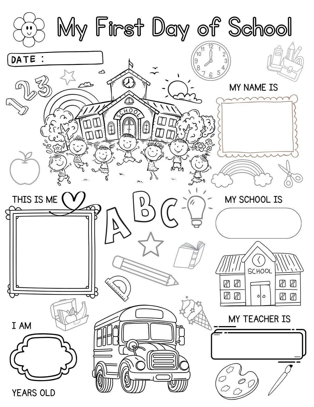 First Day of School Coloring Page: All About Me Worksheet (8.5x11 PDF ...