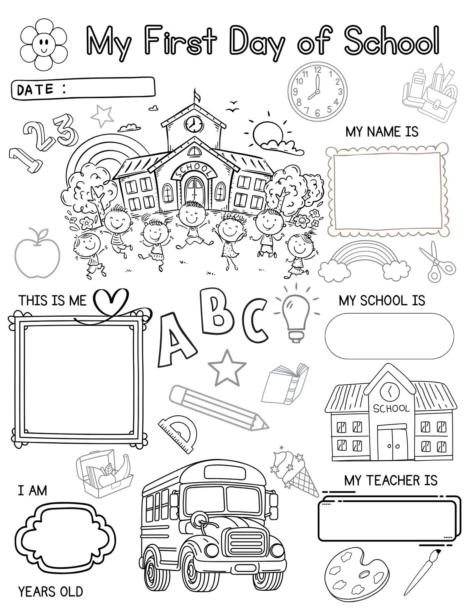 First Day of School Coloring Page: All About Me Worksheet (8.5x11 PDF ...