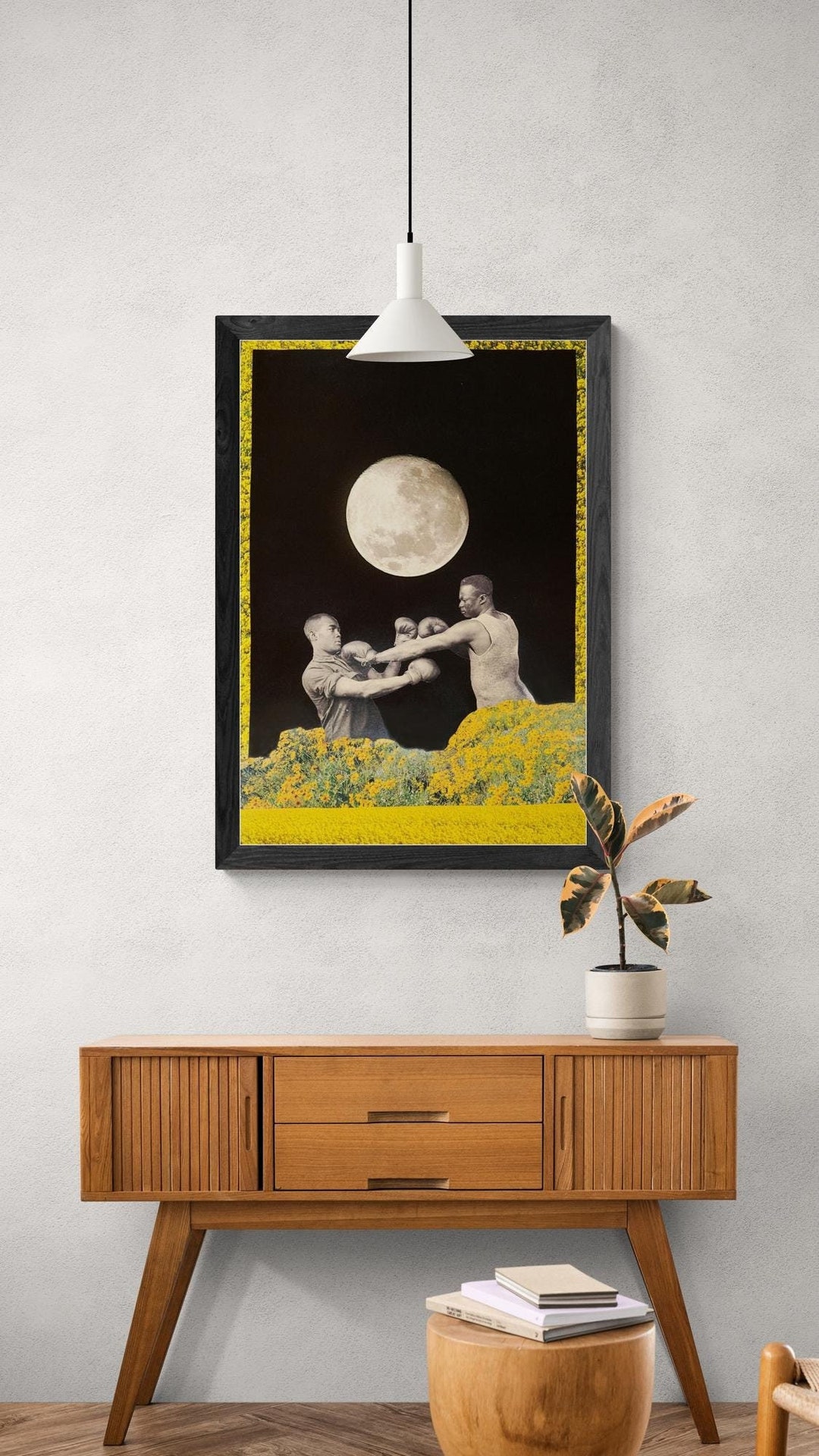 Vintage Male Boxers, Surreal Collage Art Print, Full Moon Fight, Retro ...