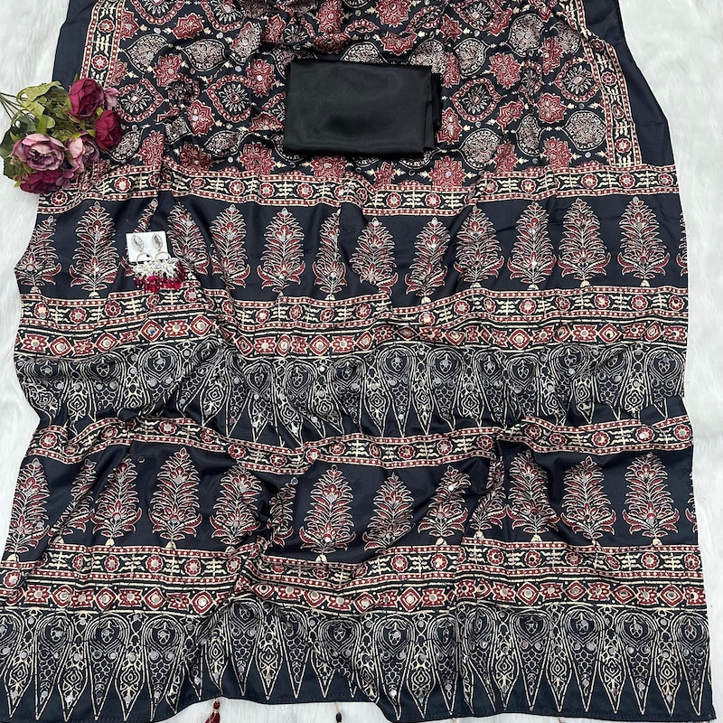 Block Ajrakh Sarees - Etsy