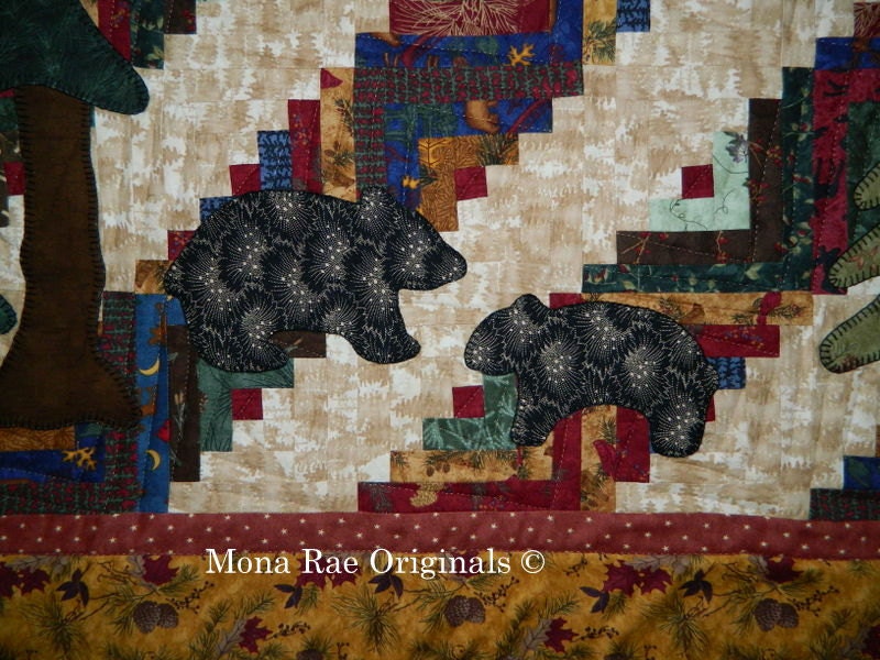 Northwoods Log Cabin Art Quilt, Hand Quilted Wall Hanging, Bears and ...