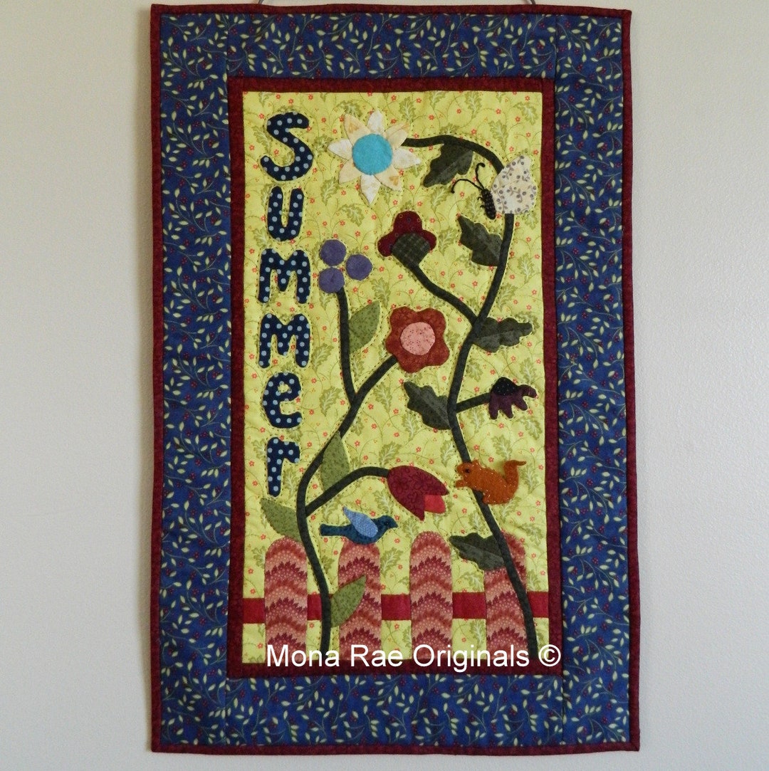 Art Quilt ~ Summer Wall Hanging ~ Hand Quilted, Appliqued 15.5" X 25 ...