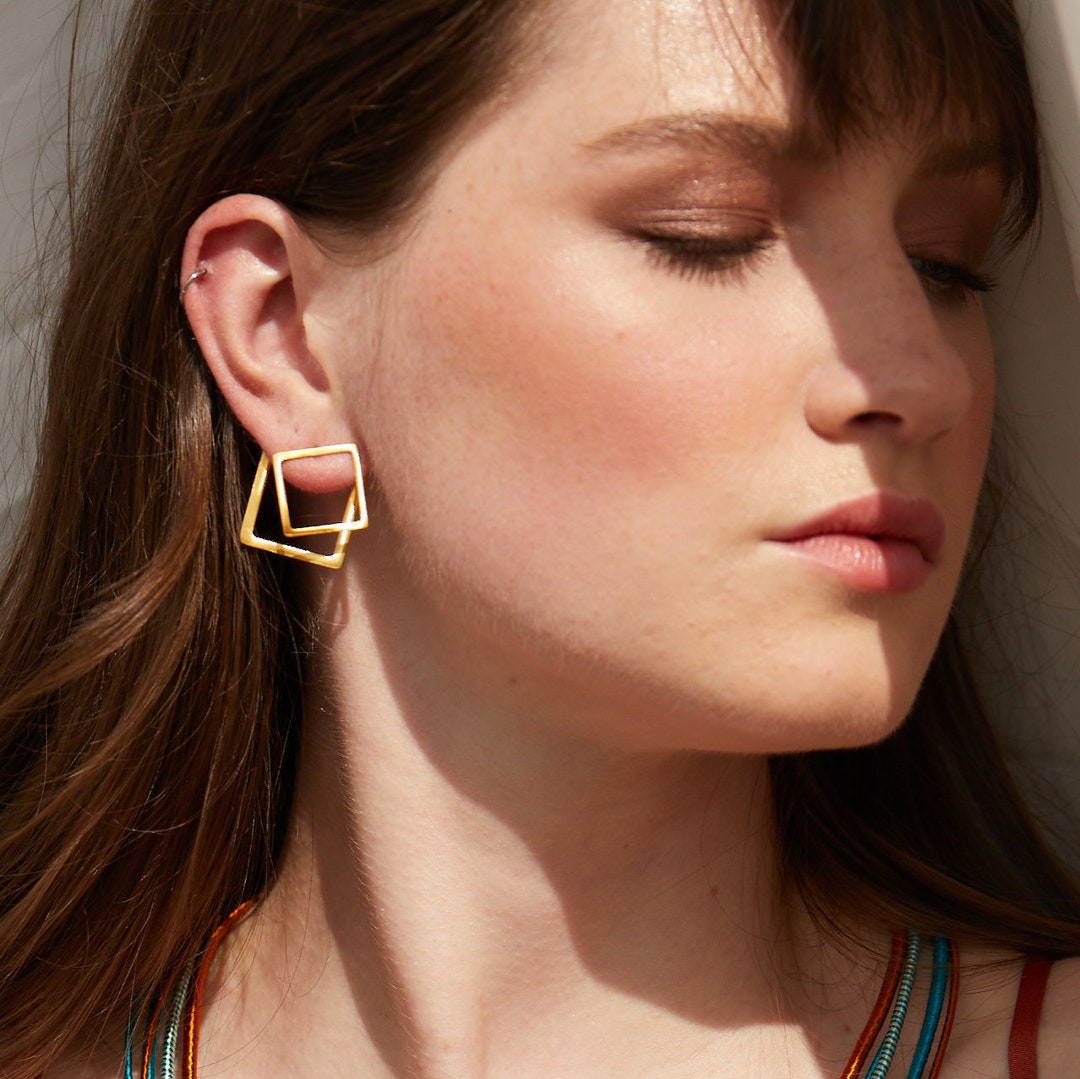 Gold Square Earrings Geometric Minimal Earrings Gold Ear - Etsy