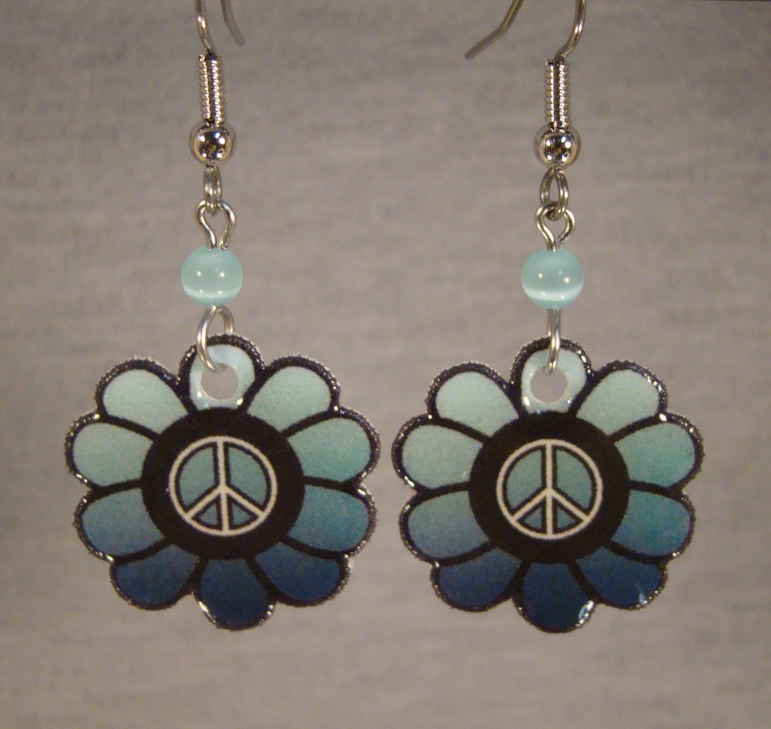 Flower Peace Sign Dangle Earrings - Teal Peace Sign Drop Earrings ...
