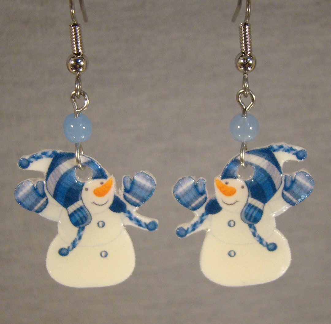Winter Snowman Dangle Earrings - Blue and White Snow Art Jewelry - Etsy