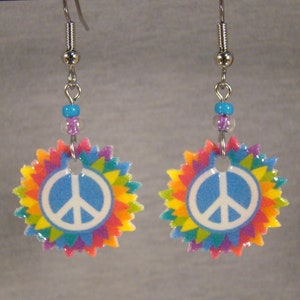 Pastel Peace Sign Dangle Earrings - Handmade Sunburst Flower Power ...