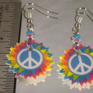 Pastel Peace Sign Dangle Earrings - Handmade Sunburst Flower Power ...