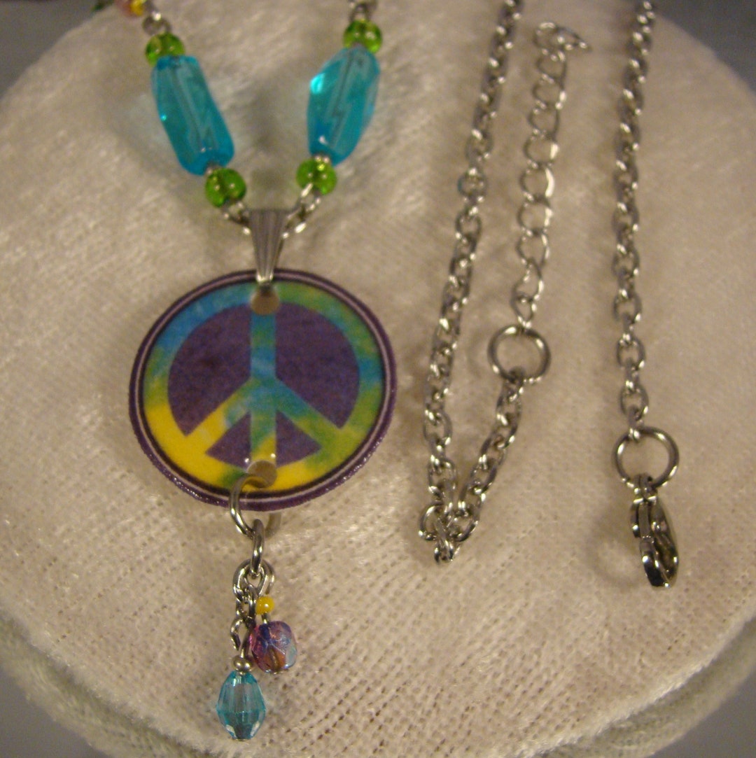 Pastel Peace Sign Hand Beaded Necklace - One-of-a-kind Hippie Necklace ...