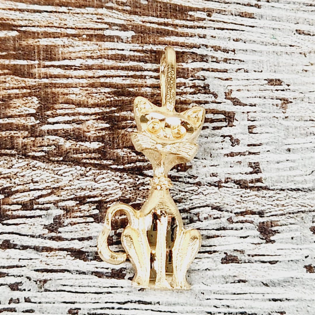 Vintage 14K Yellow Gold Cat Kitten Diamond Cut Pendant Modernist Luxury ...
