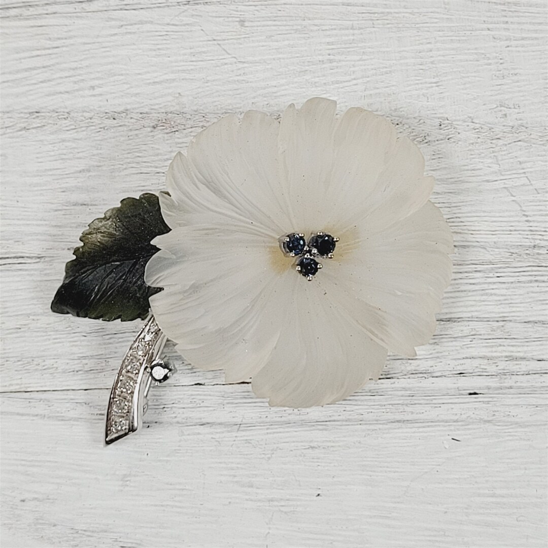 Vintage 1950'S Rock Crystal Flower 14K White Gold Diamond Sapphire Jade ...
