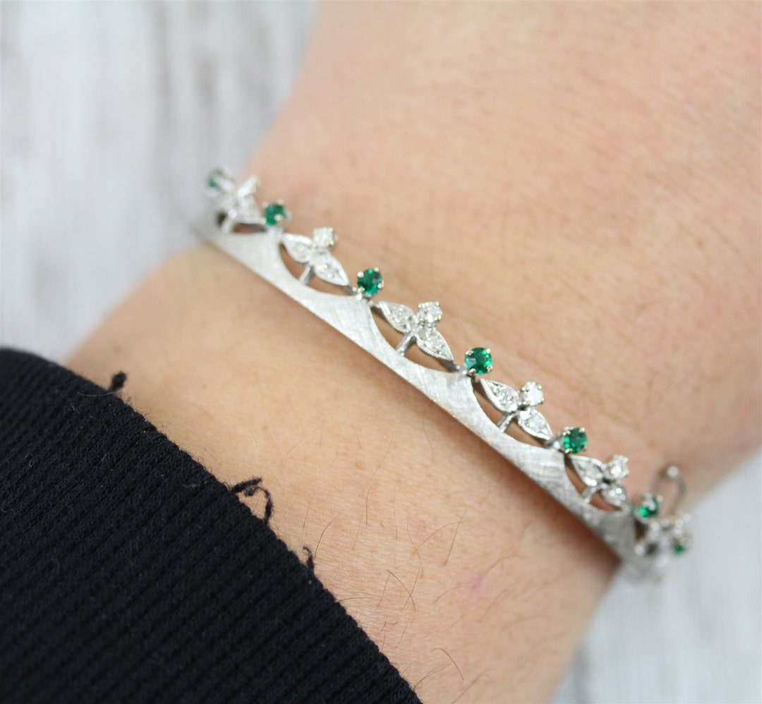 Vintage Retro Tiara Crown 14K White Gold Diamond Bangle Bracelet Luxury ...