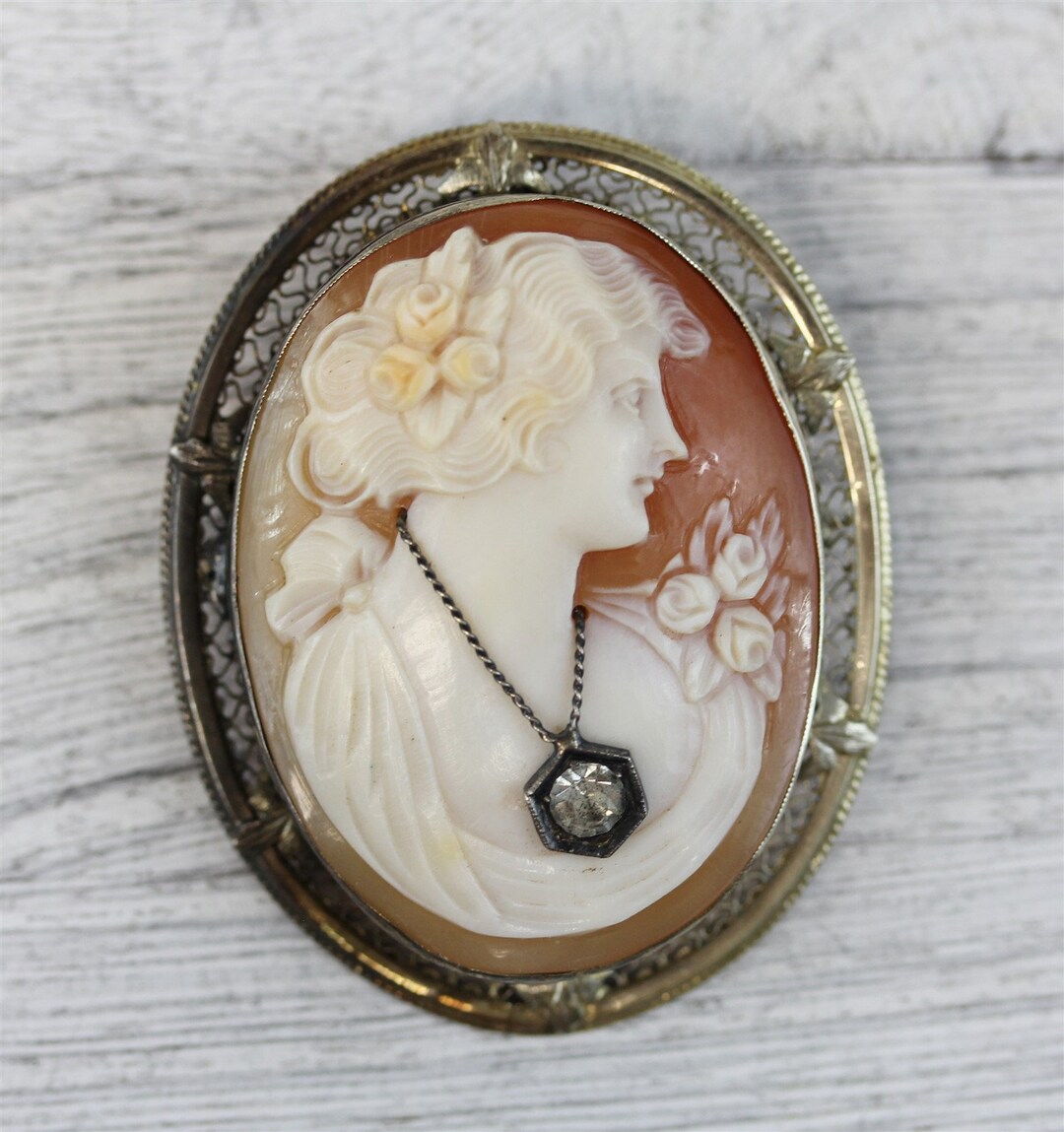 Art Deco 14K White Gold Carved Shell Cameo Brooch Filigree Pendant ...